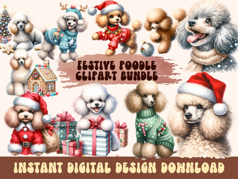 Poodle PNG, Poodle Clipart Bundle, Watercolor Poodle Clipart, Christmas ...