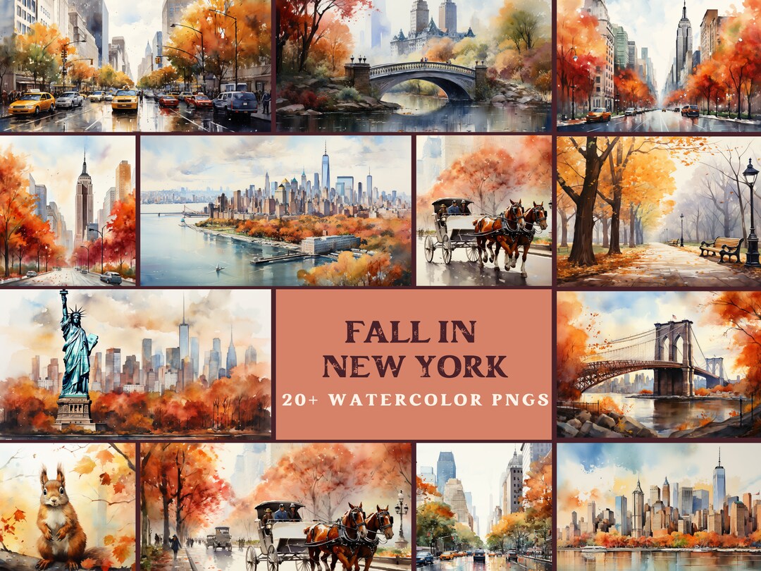 Watercolor New York in Fall PNG, Set of 20+ Watercolor NY Illustrations ...