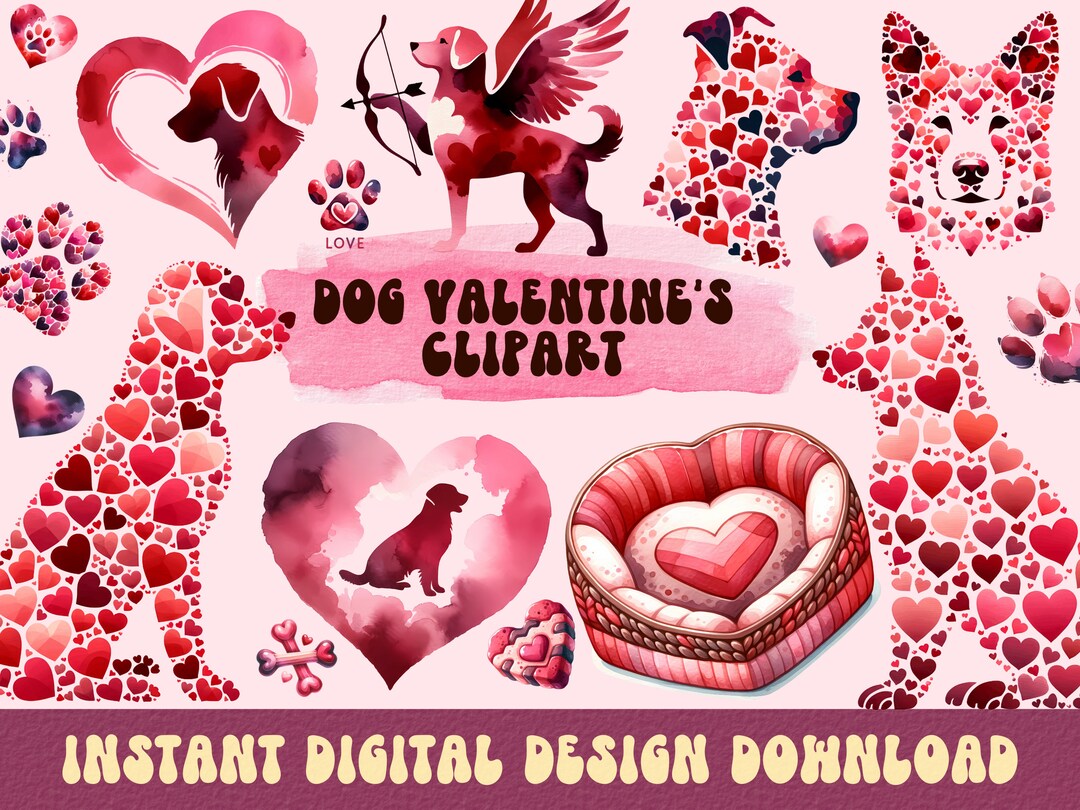 Watercolor Dog Clipart, Dog Love, Watercolor Doggy Valentine's Bundle ...