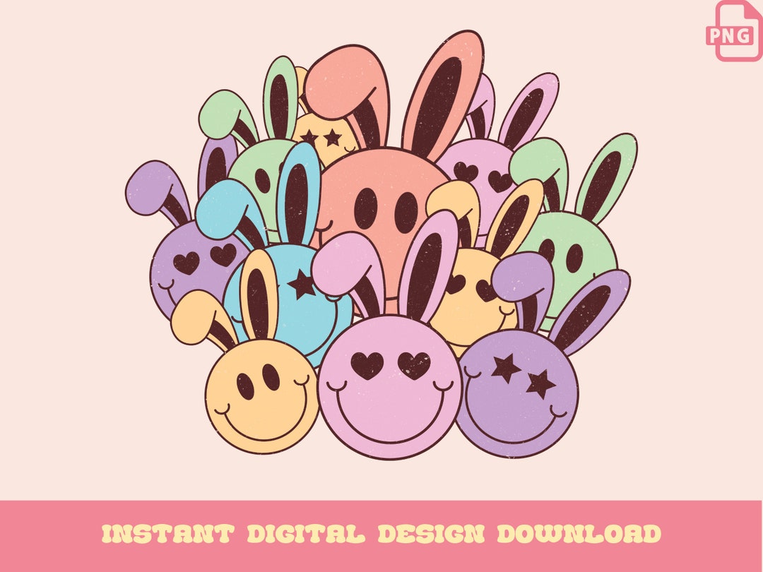 Retro Easter PNG, Easter Bunny Smiley Faces, Groovy Easter Smiley ...