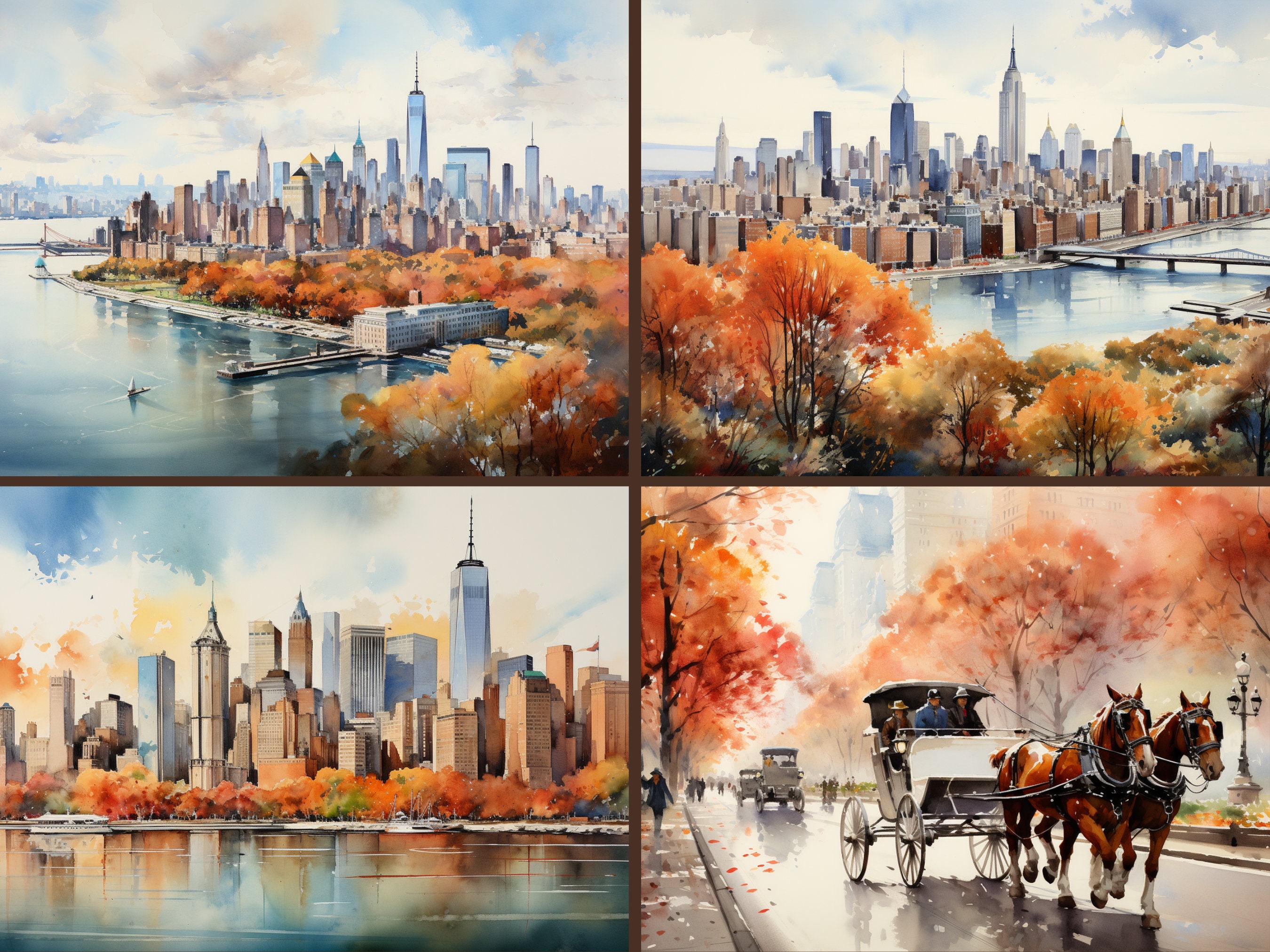 Watercolor New York in Fall PNG, Set of 20 Watercolor NY Illustrations ...