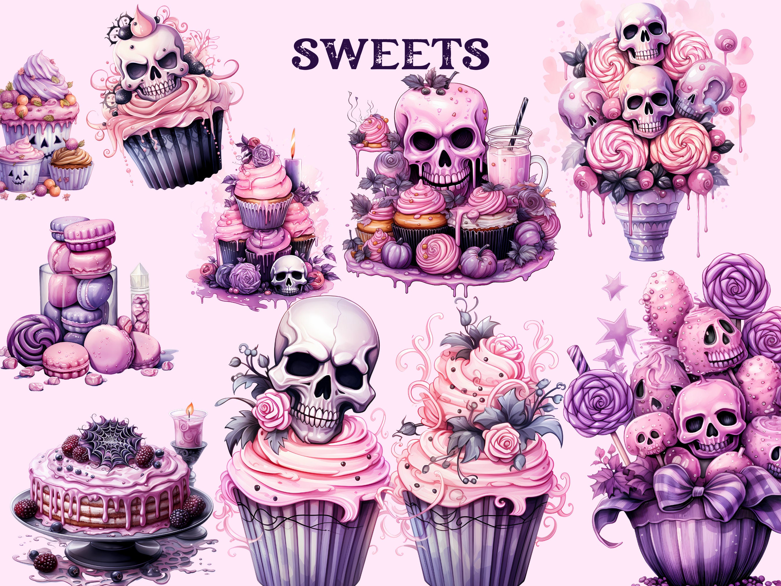 Pastel Goth Halloween Clipart Bundle, Halloween Watercolor Clipart ...