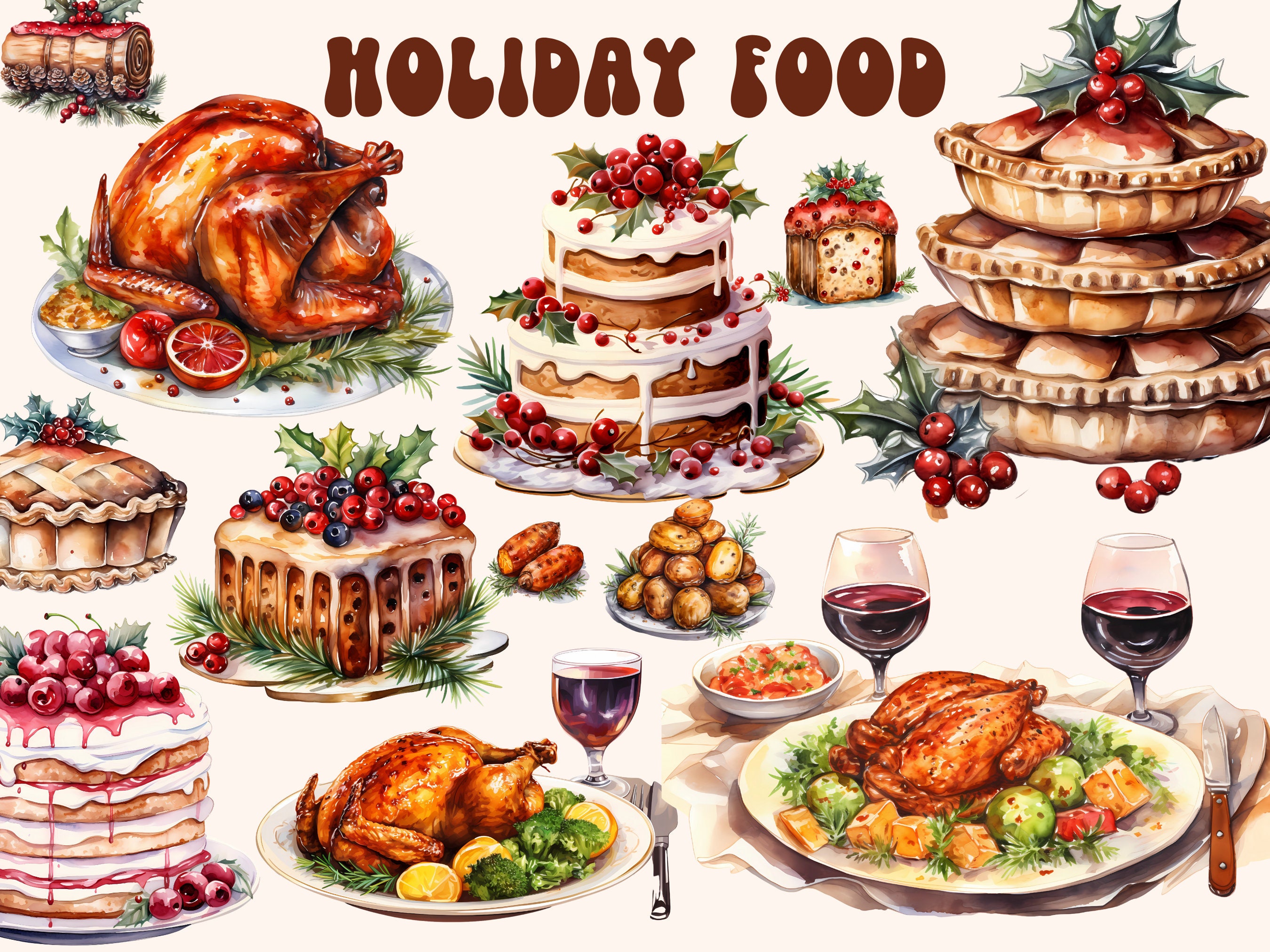 Traditional Christmas Clipart Bundle 150 PNG, Watercolor Christmas ...