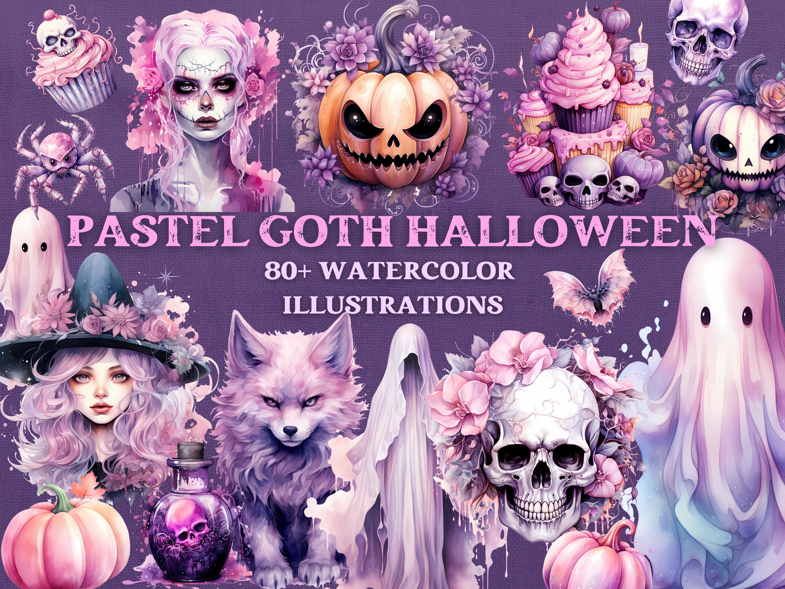 Pastel Goth Halloween Clipart Bundle, Halloween Watercolor Clipart ...