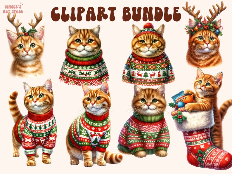 Ginger Cat Clipart Bundle, Watercolor Ginger Cat Clipart, Christmas ...