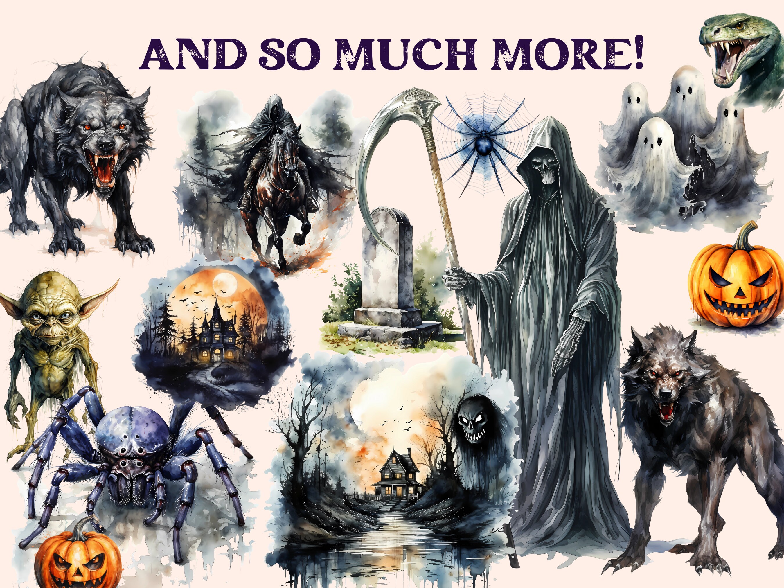 Creepy Halloween Clipart Bundle, 100 Spooky Halloween Pngs, Watercolor ...