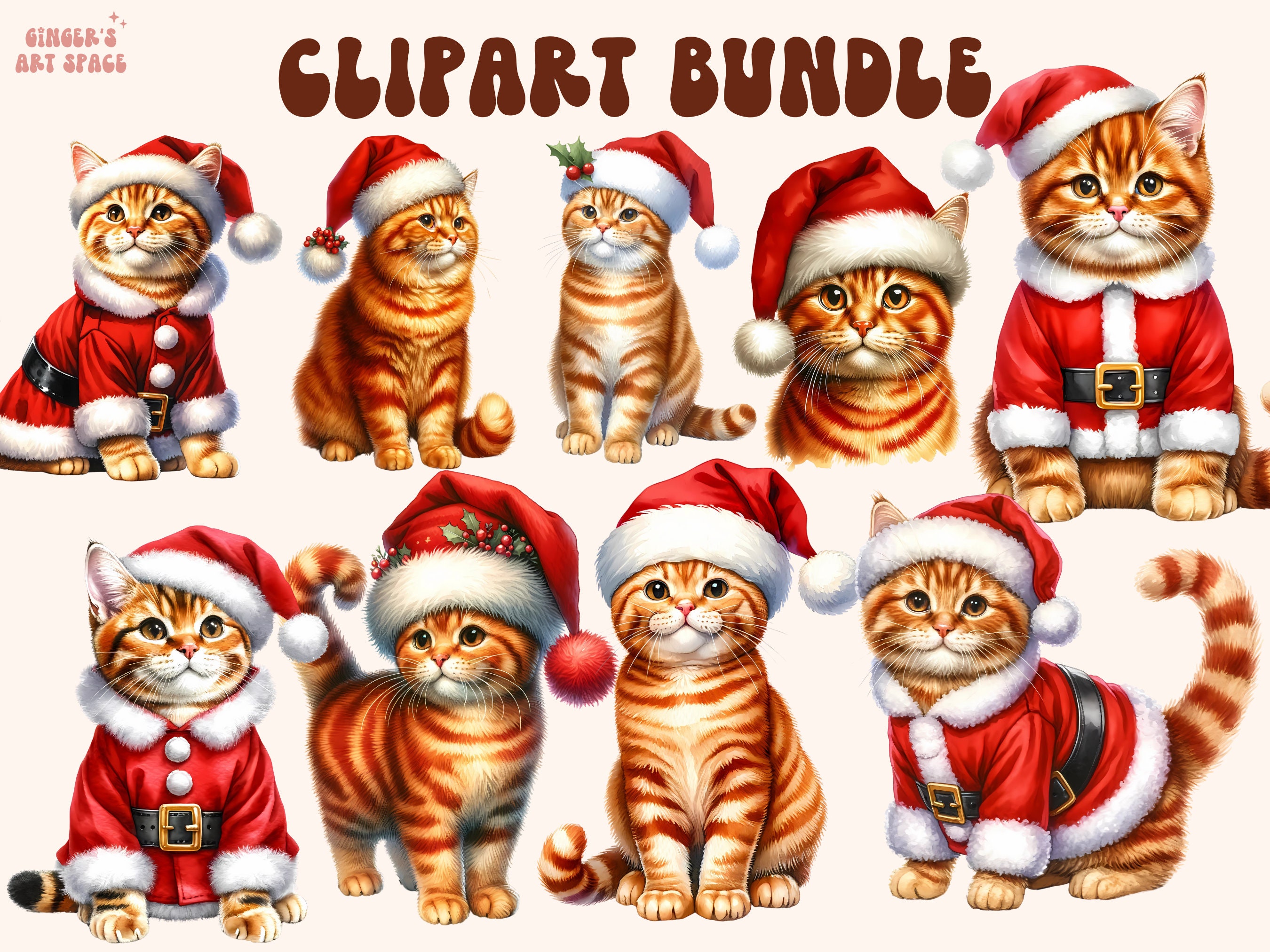 Ginger Cat Clipart Bundle, Watercolor Ginger Cat Clipart, Christmas ...