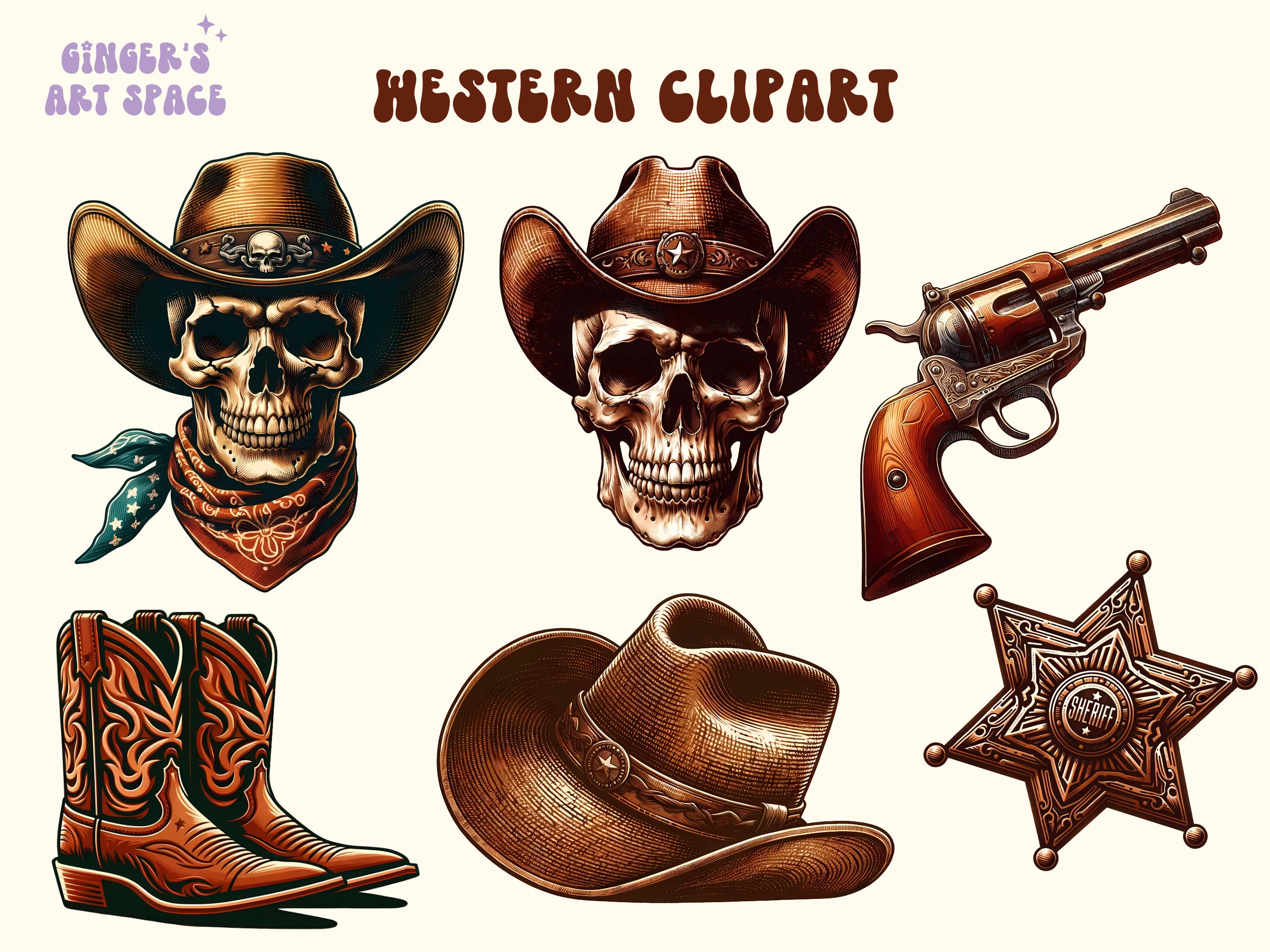 Wild West Clipart, Vintage Western Design Bundle, Retro Western PNG ...