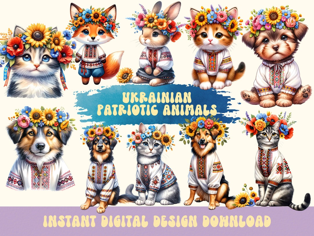 Patriotic Ukrainian Clipart, Cute Ukrainian Animals PNG, Watercolor ...