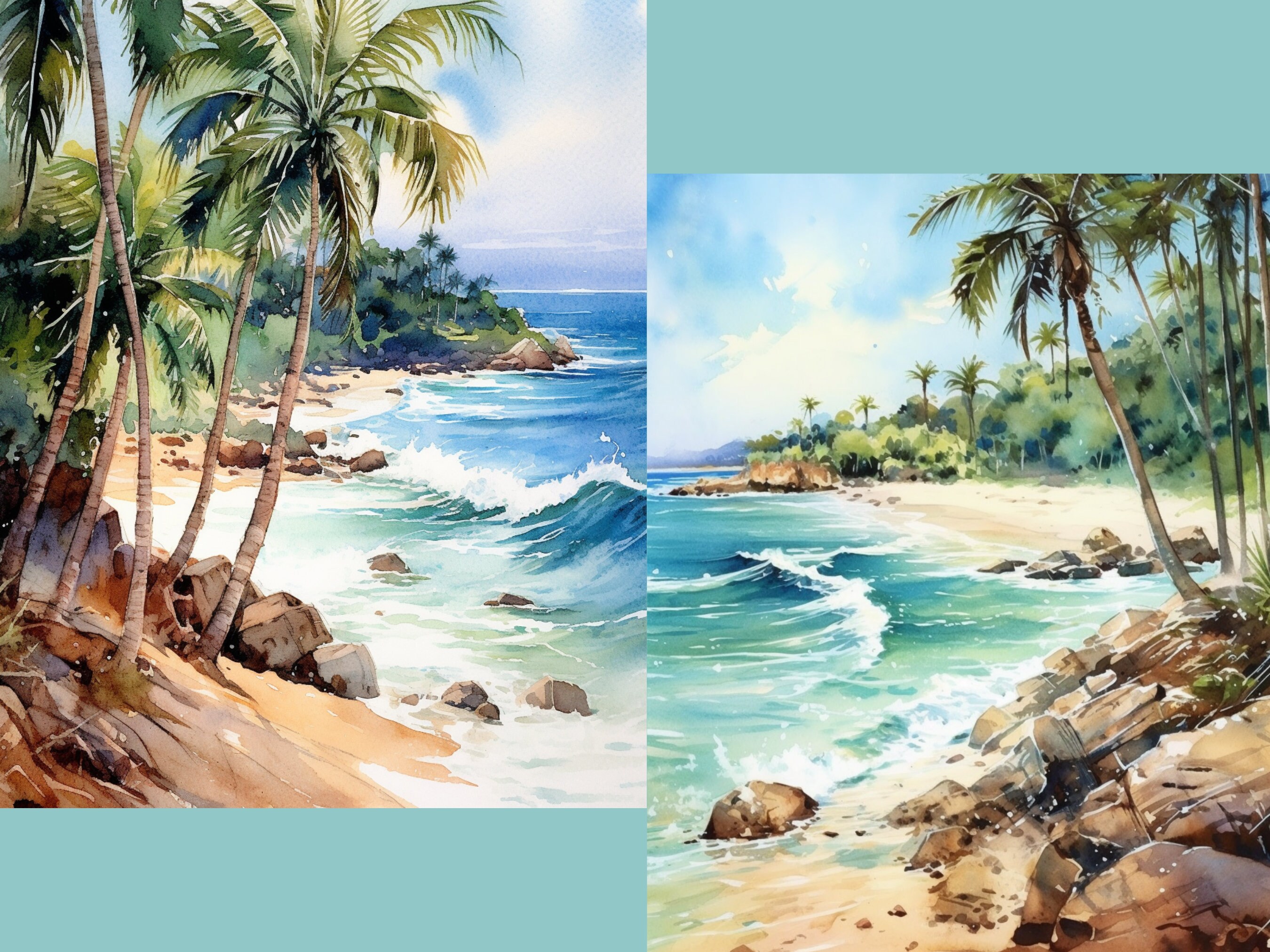 Watercolor Beach PNG, Watercolor Painting Beach With Palm Tree ...
