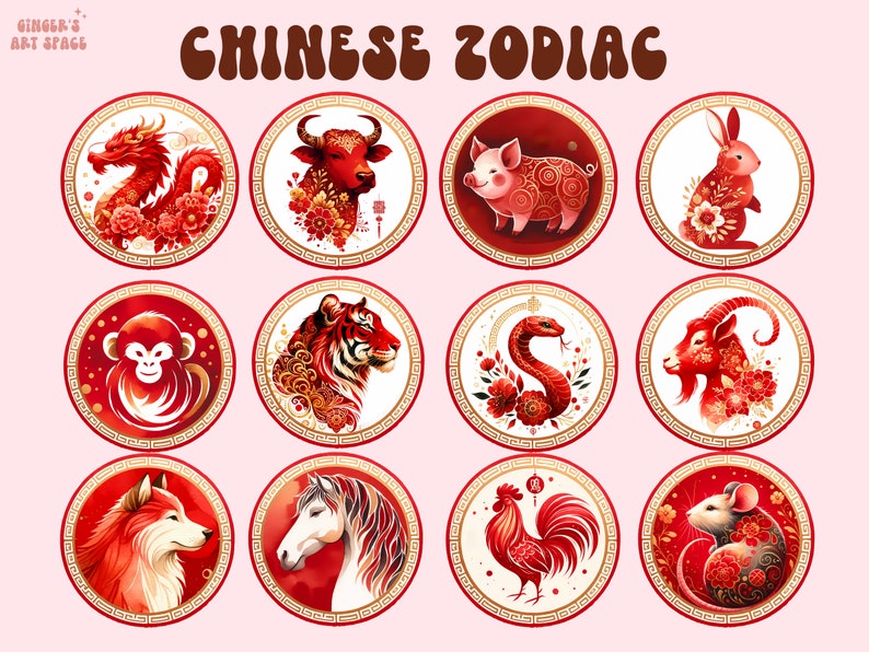 Chinese Zodiac Clipart, Chinese Zodiac Animals, Year of Dragon, Lunar ...