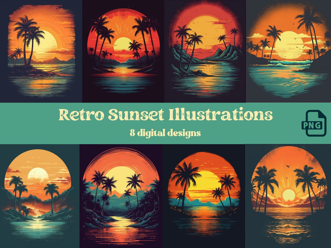 Retro Sunset PNG, Retro Vintage Sunset, Retro Sunset Design Bundle Set ...