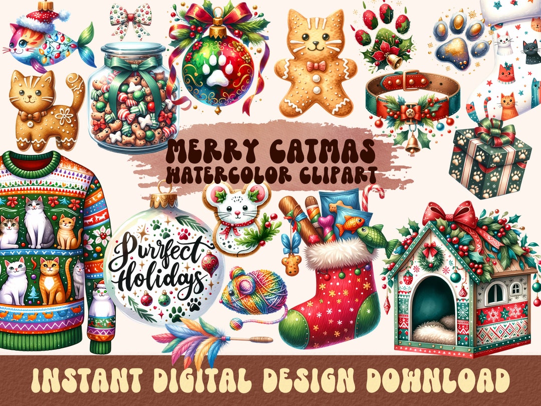 Merry Catmas Clipart Bundle, Happy Pawlidays Watercolor Clipart ...