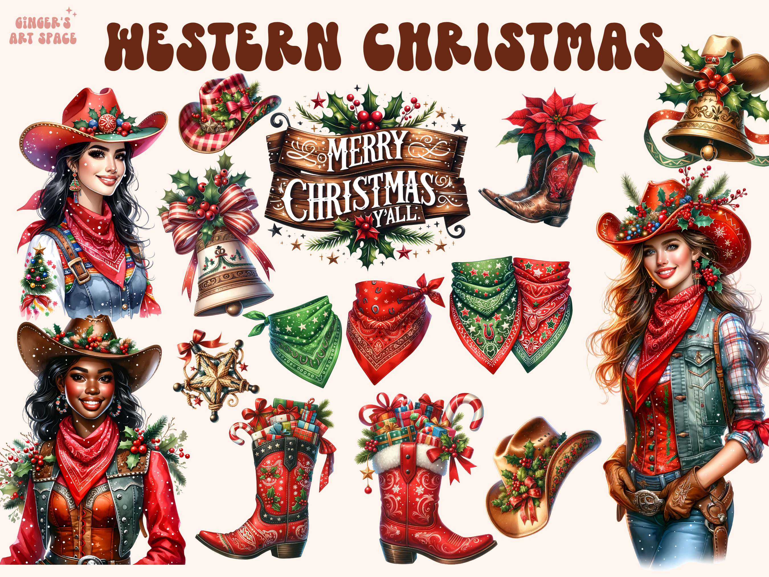 Western Christmas Clipart, Western Country Christmas Design Bundle ...