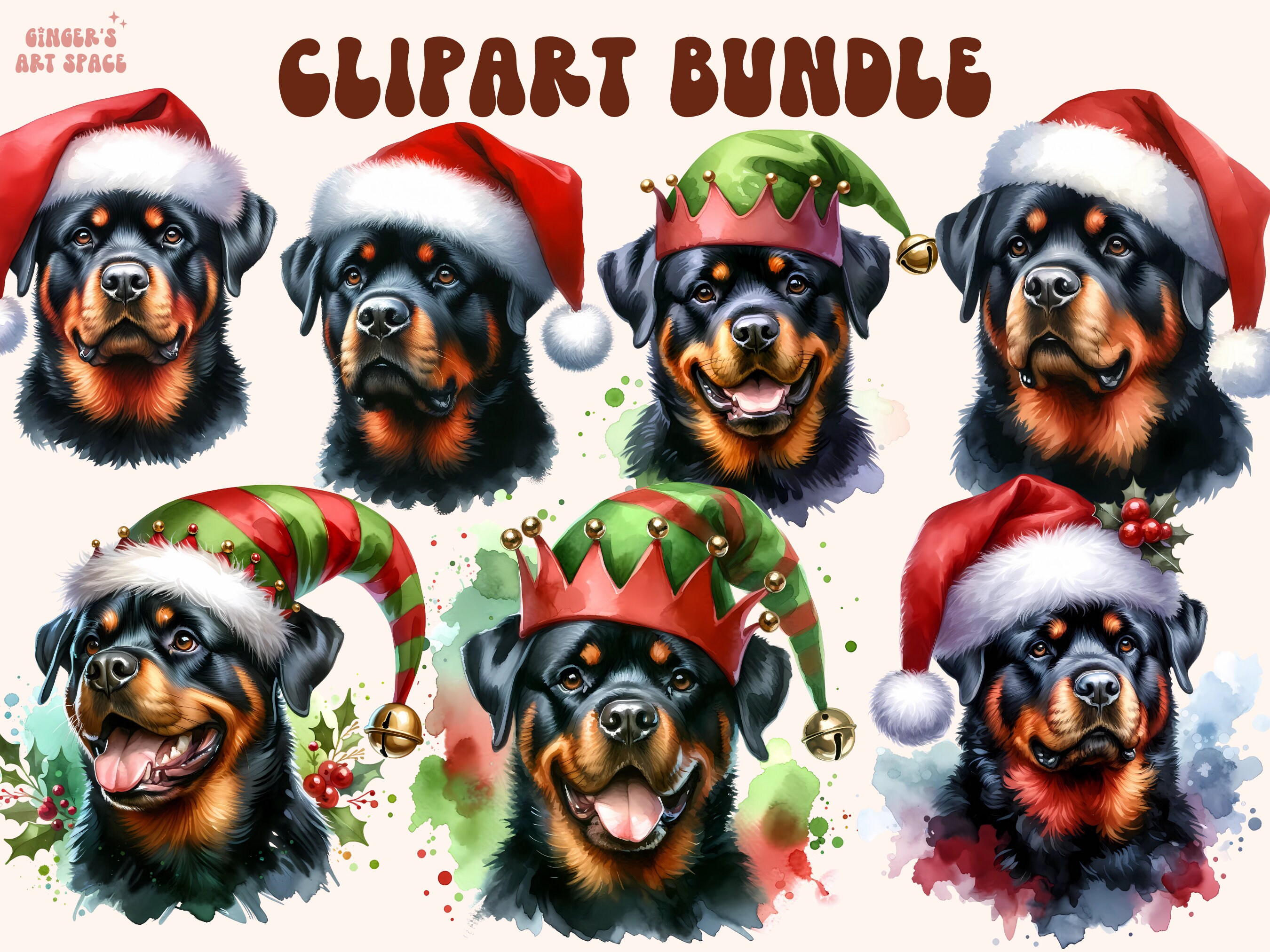 Rottweiler Clipart Bundle, Christmas Rottweiler PNG, Watercolor Rottie ...