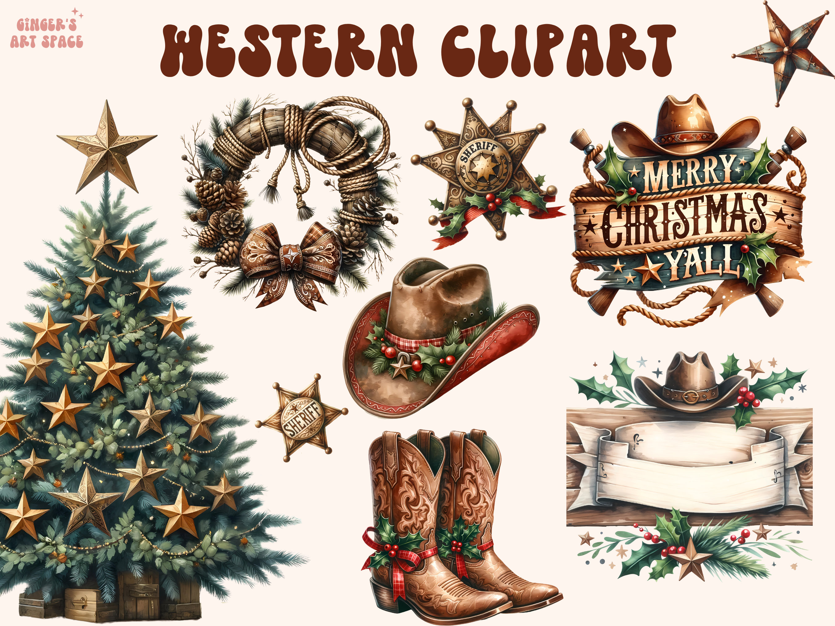 Rustic Western Christmas Clipart, Vintage Christmas Design Bundle, Wild ...