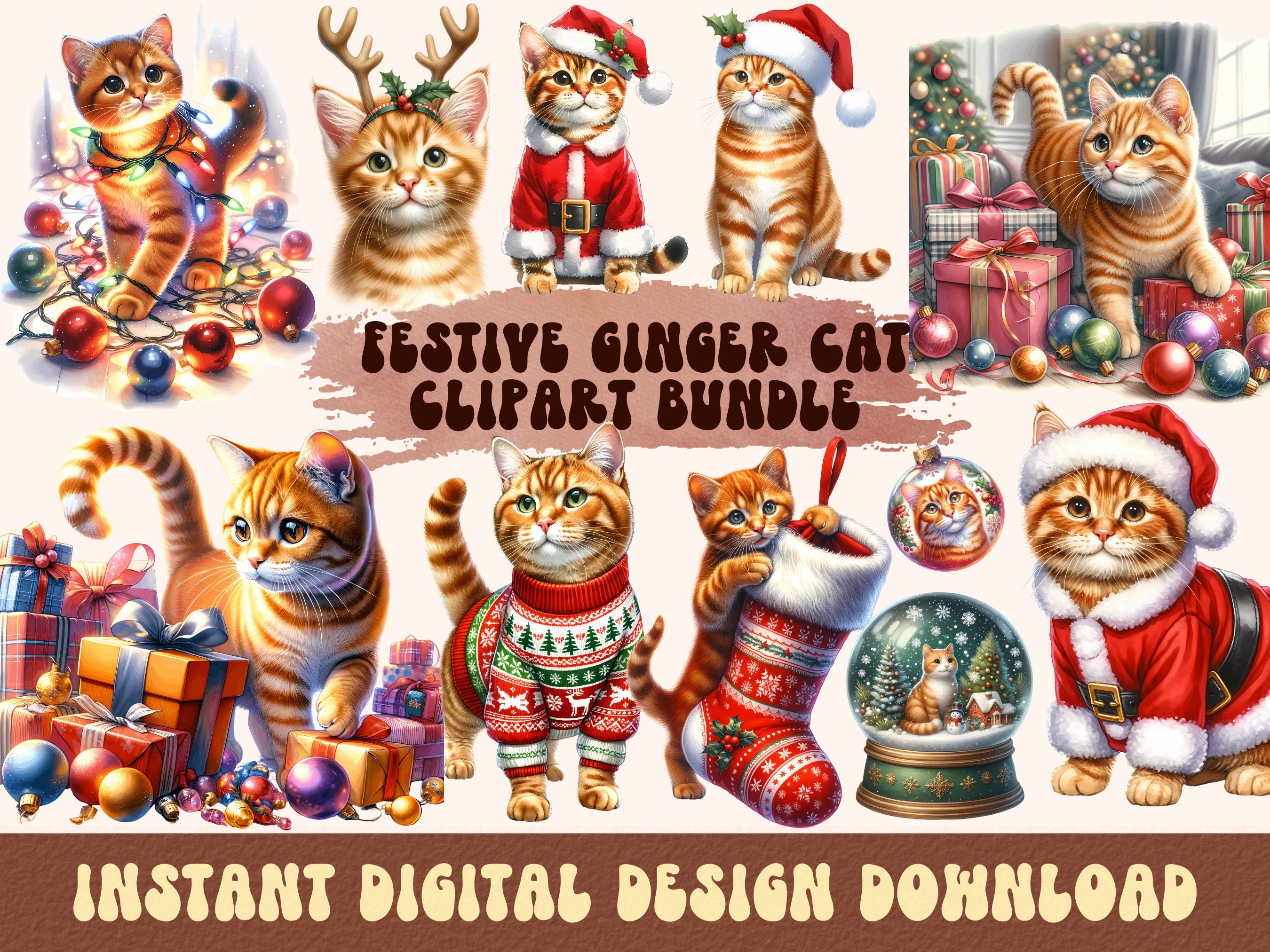 Ginger Cat Clipart Bundle, Watercolor Ginger Cat Clipart, Christmas ...