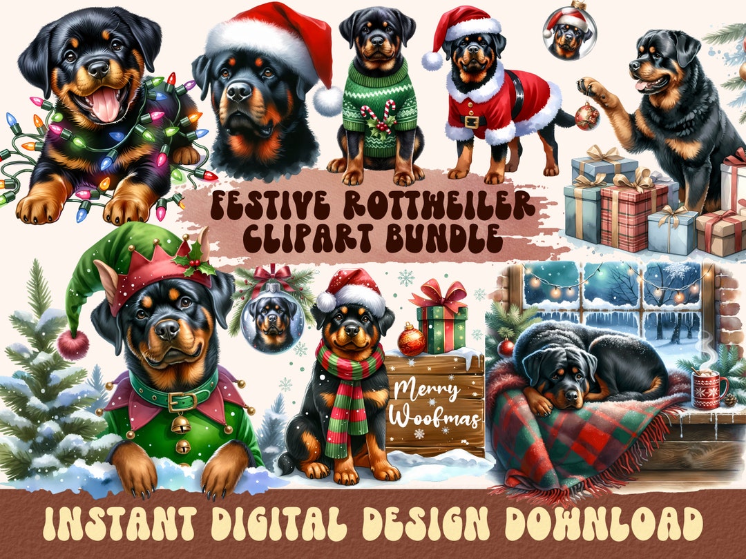 Rottweiler Clipart Bundle, Christmas Rottweiler PNG, Watercolor Rottie ...