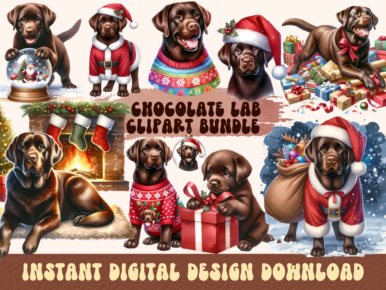 Chocolate Lab PNG, Chocolate Labrador Clipart Bundle, Watercolor ...