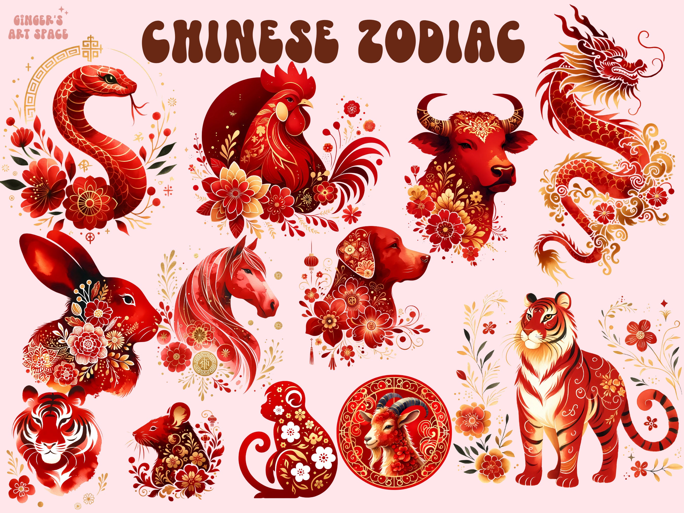 Chinese Zodiac Clipart, Chinese Zodiac Animals, Year of Dragon, Lunar ...