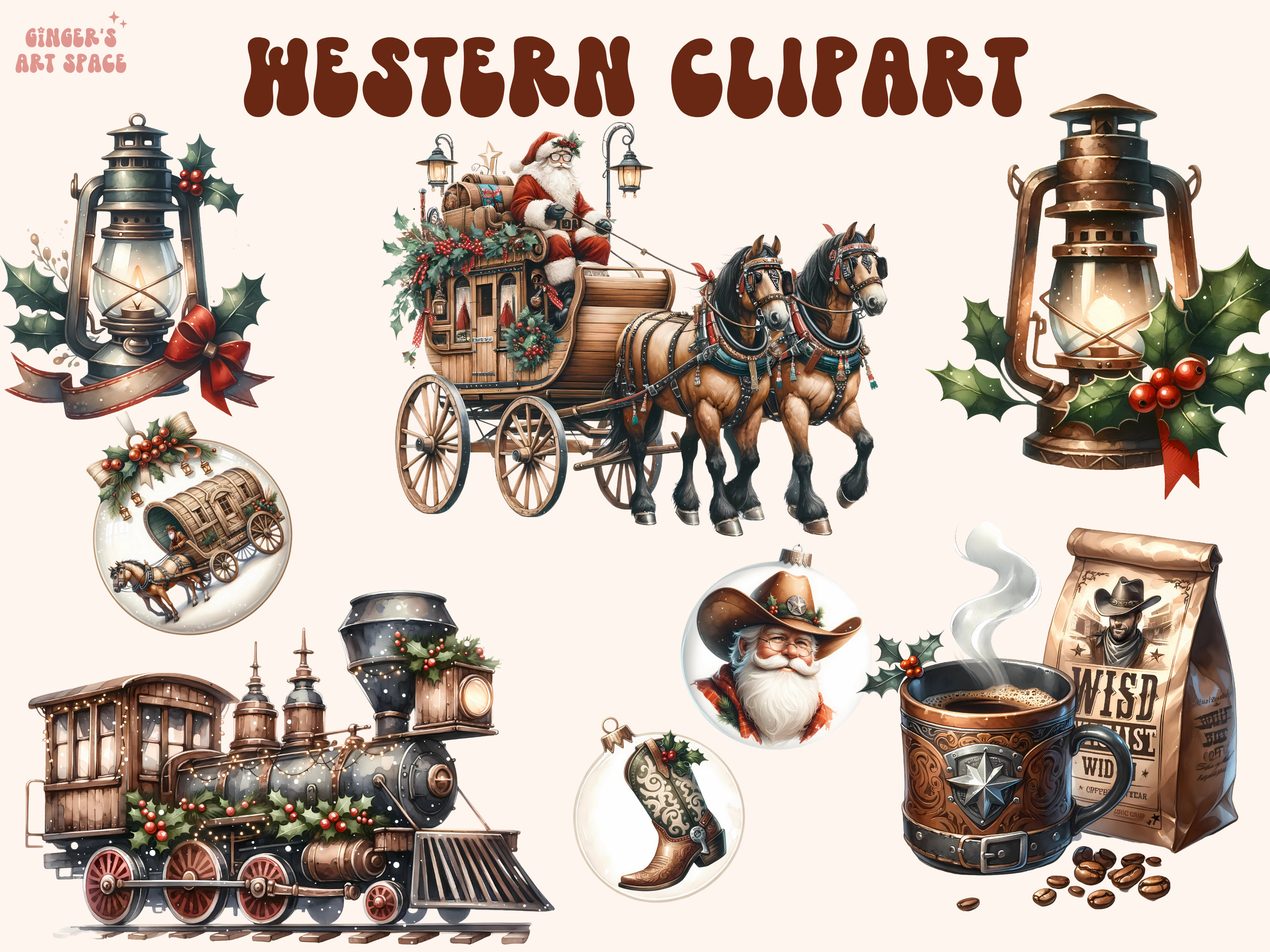 Rustic Western Christmas Clipart, Vintage Christmas Design Bundle, Wild ...