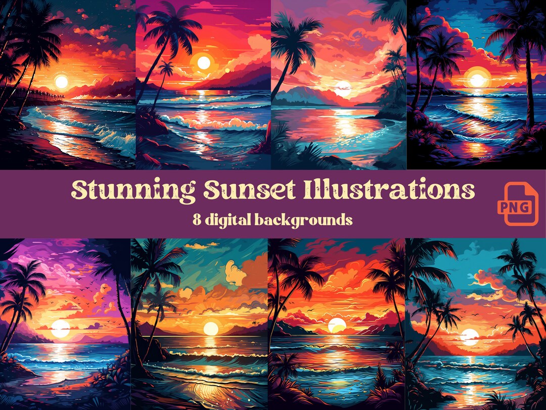 Sunset Design Bundle, Beach Sunset PNG, Vivid Sunset Design, Set of 8 ...