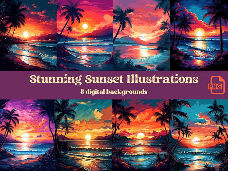 Sunset Design Bundle, Beach Sunset PNG, Vivid Sunset Design, Set of 8 ...