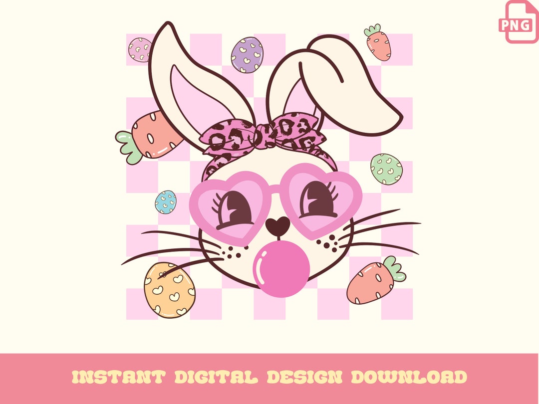 Bunny With Glasses, Retro Bunny With Pink Bubblegum, Retro Easter ...
