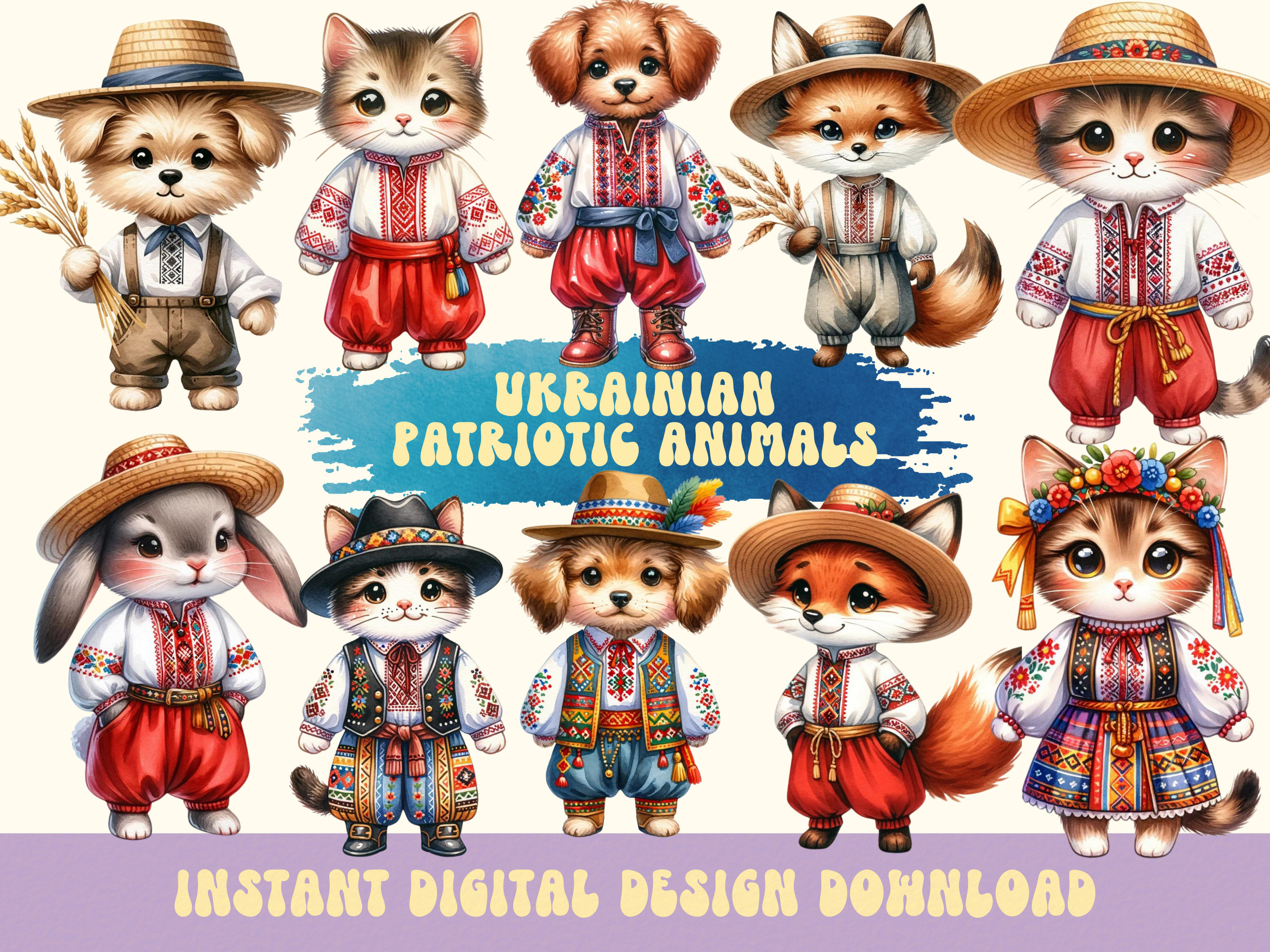 Patriotic Ukrainian Clipart, Cute Ukrainian Animals PNG, Watercolor ...