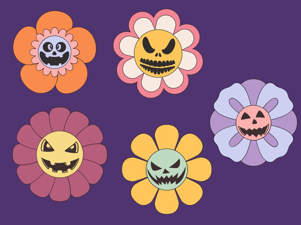 Spooky Halloween Flowers PNG Groovy Halloween Design Retro - Etsy