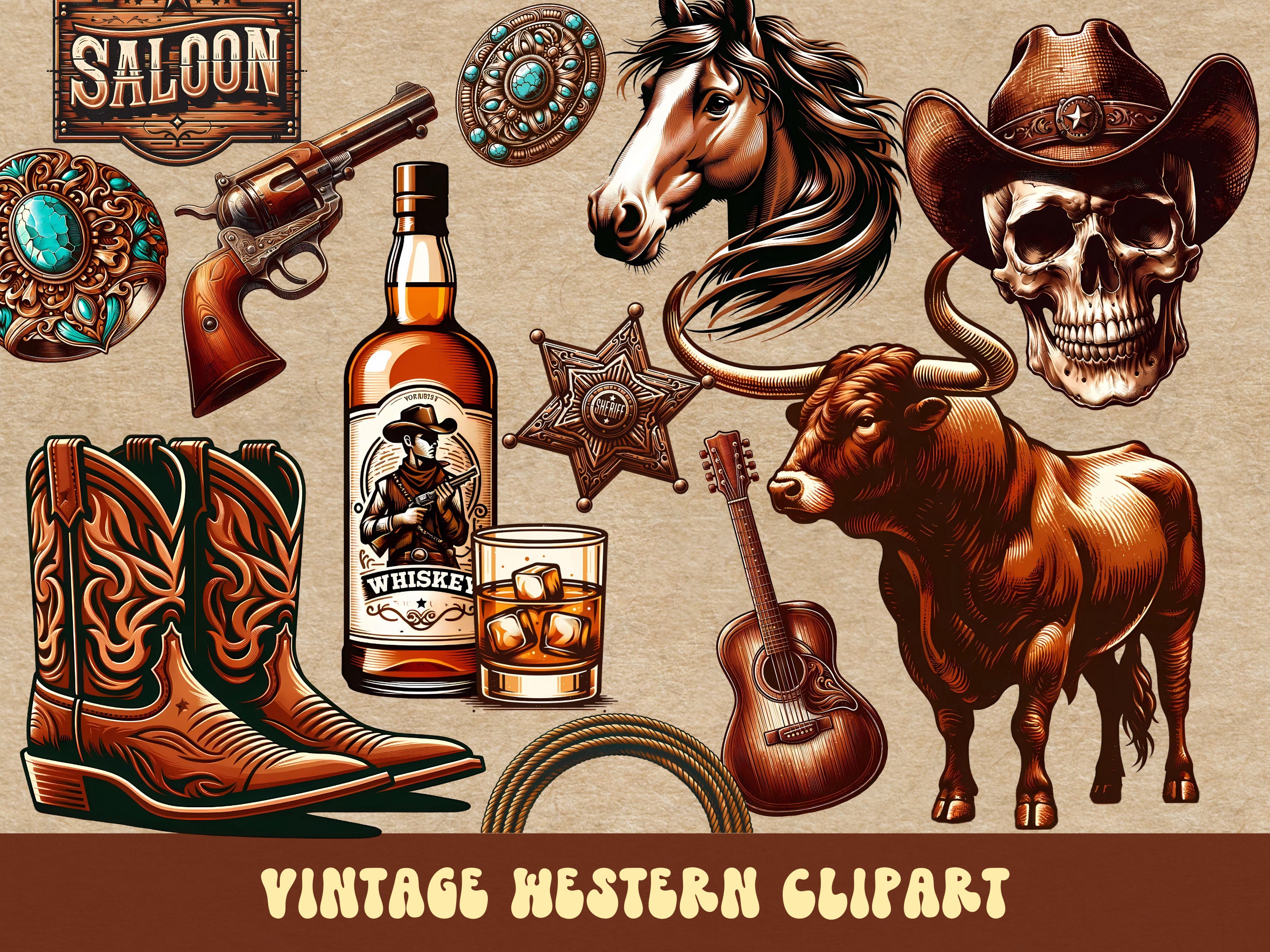 Wild West Clipart, Vintage Western Design Bundle, Retro Western PNG ...