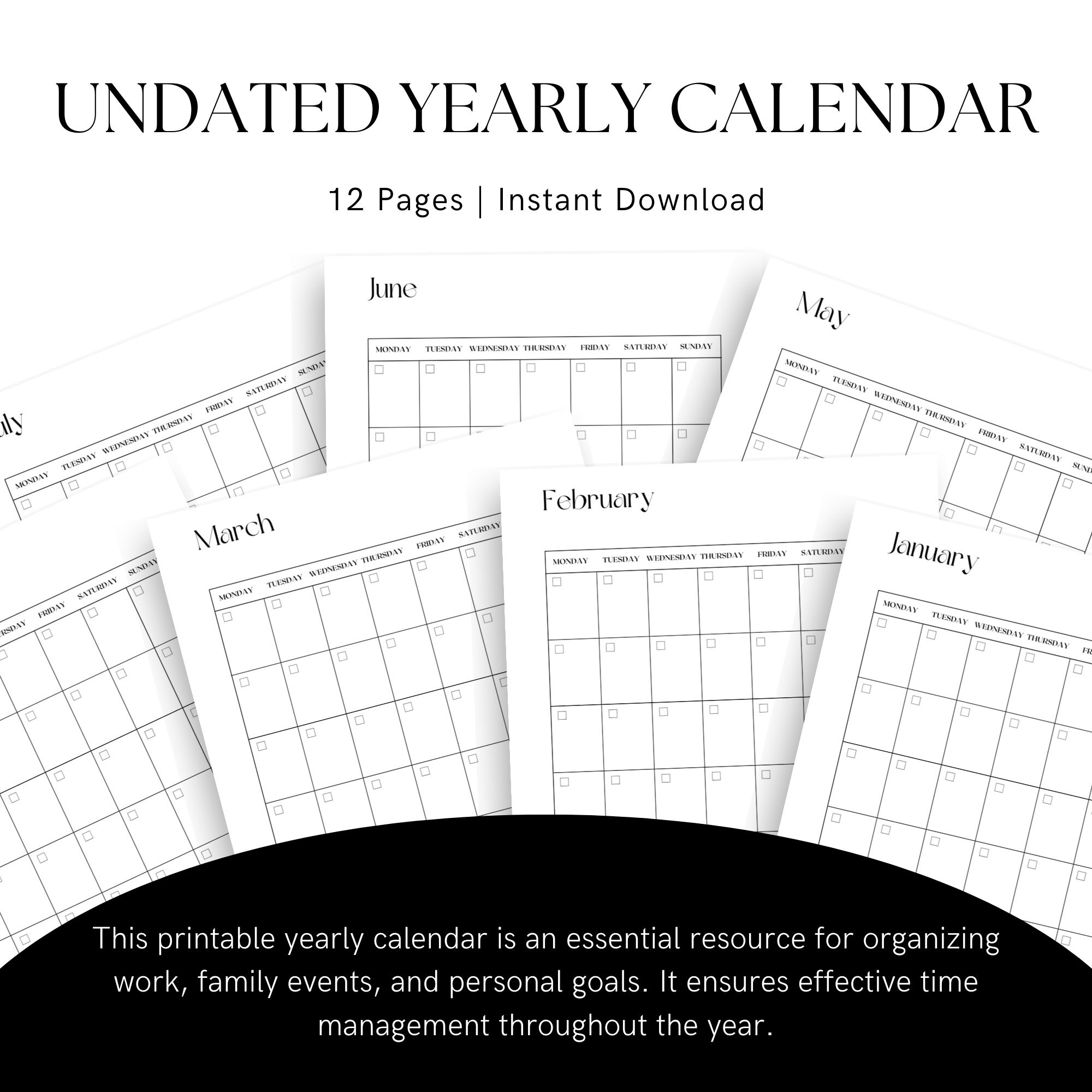 Minimalist Printable Undated Yearly Calendar A4, A5, Letter Sizes - Etsy