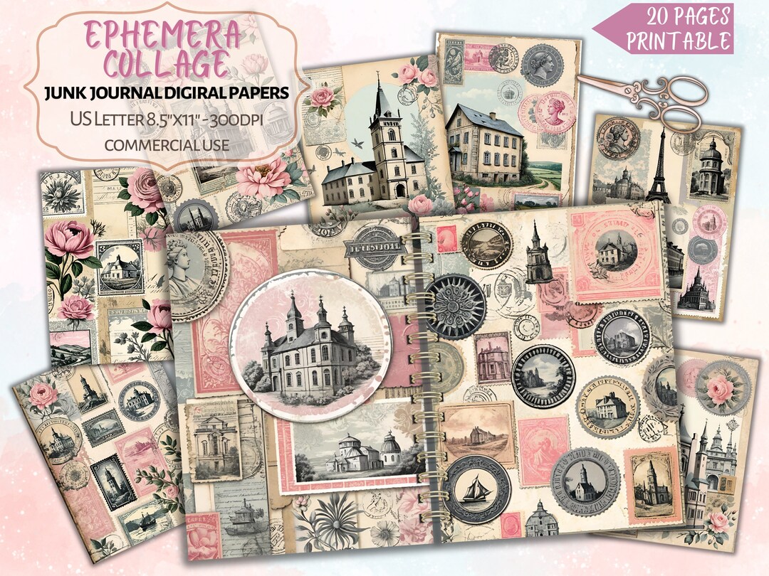 20 Ephemera Collage Sheet Printable Pink Shabby Chic Paper, Antique ...