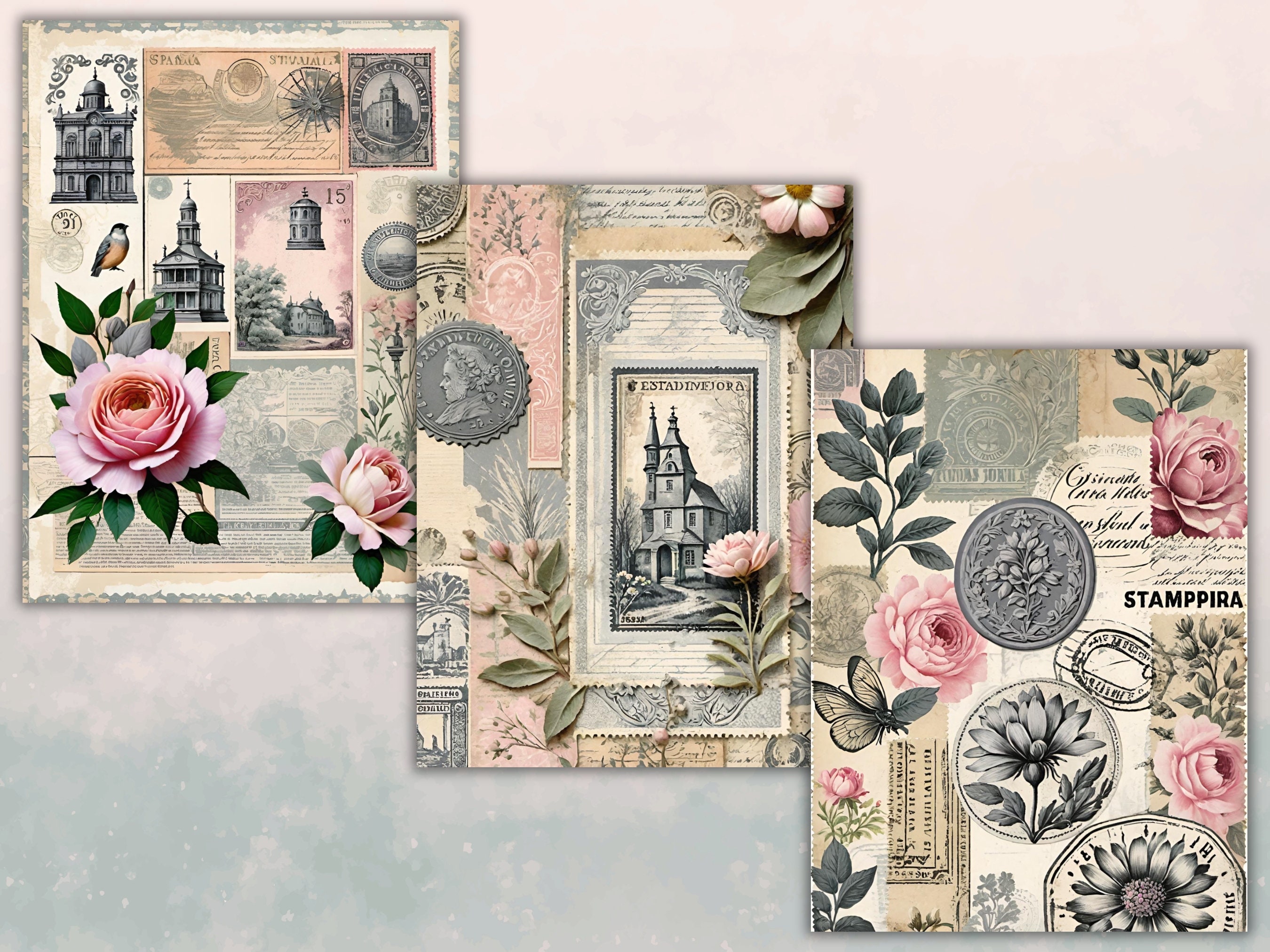 20 Ephemera Collage Sheet Printable Pink Shabby Chic Paper, Antique ...