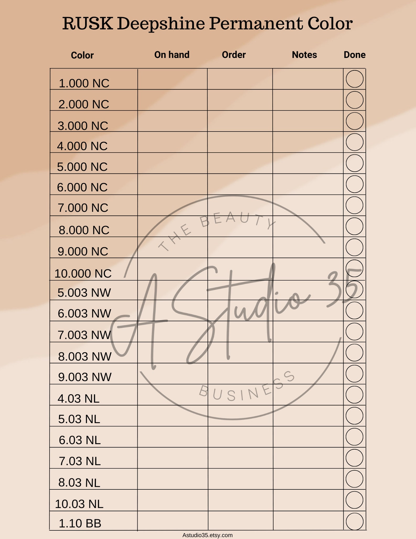 Rusk Deepshine Permanent Color Inventory Sheets, Printable, Salon Hair ...