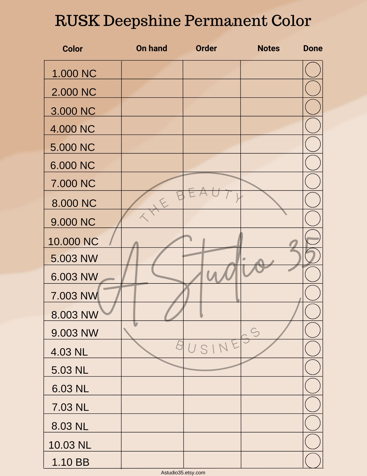 Rusk Deepshine Permanent Color Inventory Sheets, Printable, Salon Hair ...