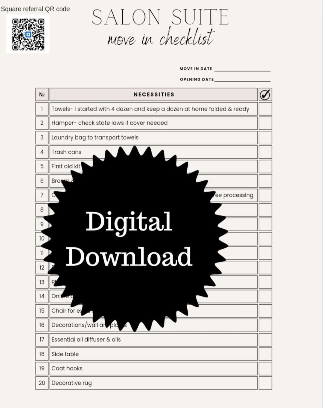 Salon Studio, Salon Suite Move in Checklist, 4 Pages Salon Needs ...