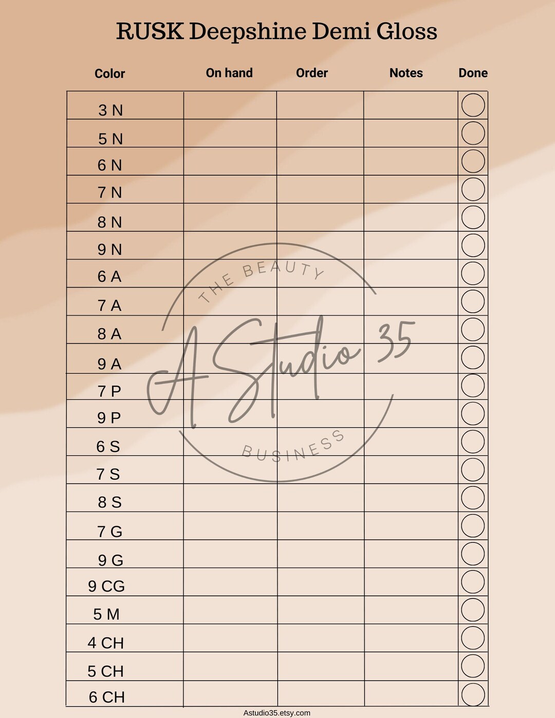 Rusk Deepshine Demi Gloss Inventory Sheets, Printable, Salon Hair Color ...
