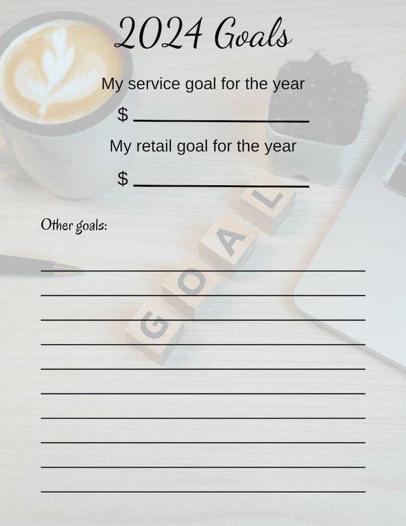 2024 Goals Sheet for Hairstylist, Esthetician, Nail Tech, Lash, Tech ...