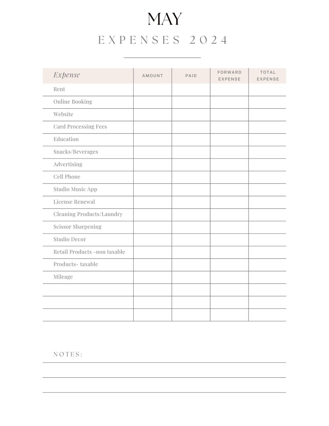 Hairstylist Expense Sheet May 2024. Salon Studio, Salon Suite, Booth ...