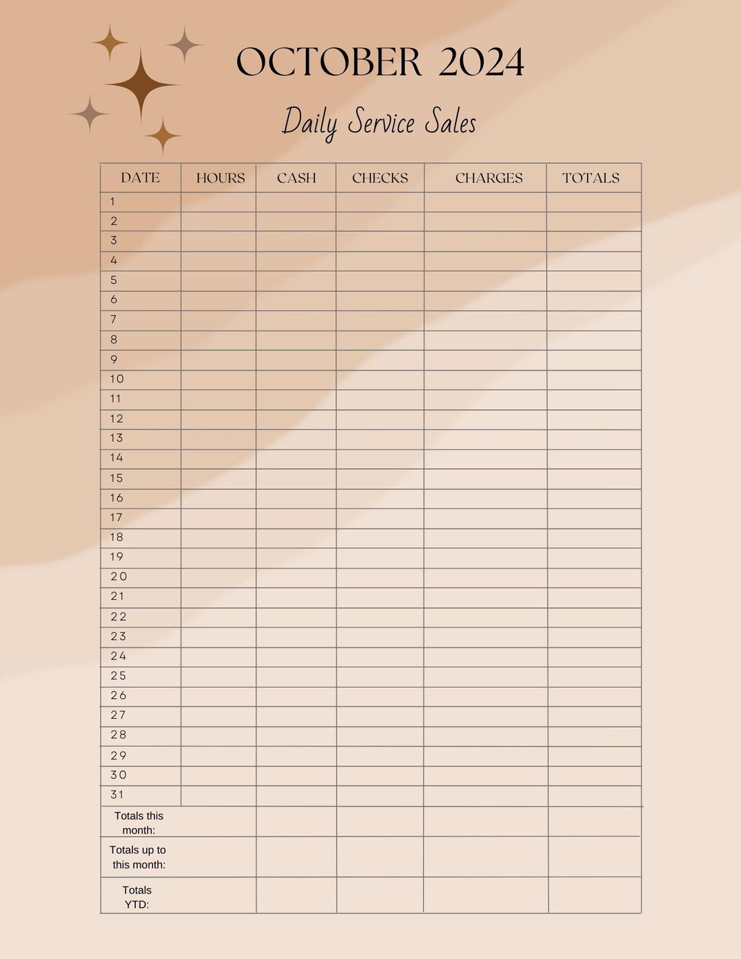 Printable October Daily Service Sales, Hairstylist Income Tracker ...