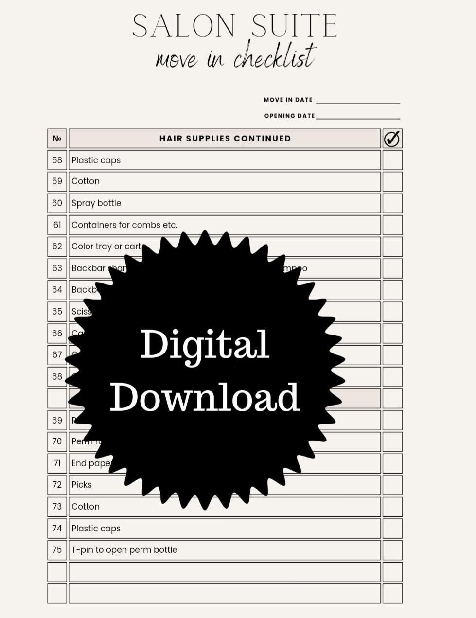 Salon Studio, Salon Suite Move in Checklist, 4 Pages Salon Needs ...