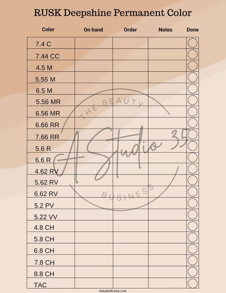 Rusk Deepshine Permanent Color Inventory Sheets, Printable, Salon Hair ...