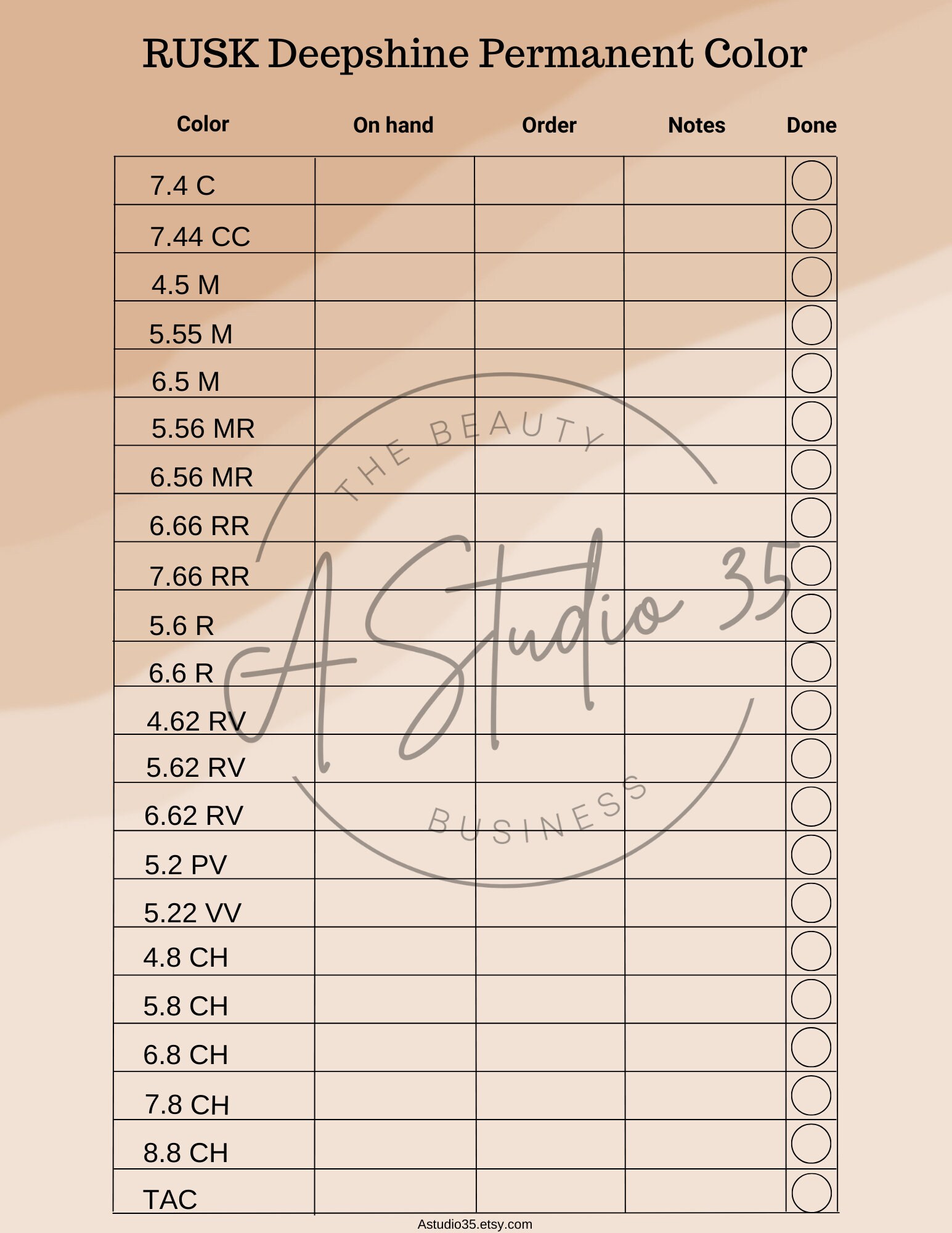 Rusk Deepshine Permanent Color Inventory Sheets, Printable, Salon Hair ...