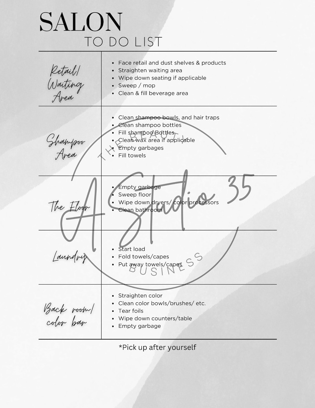 Salon to Do List, Salon Cleaning List, Salon End of Day Closing List ...