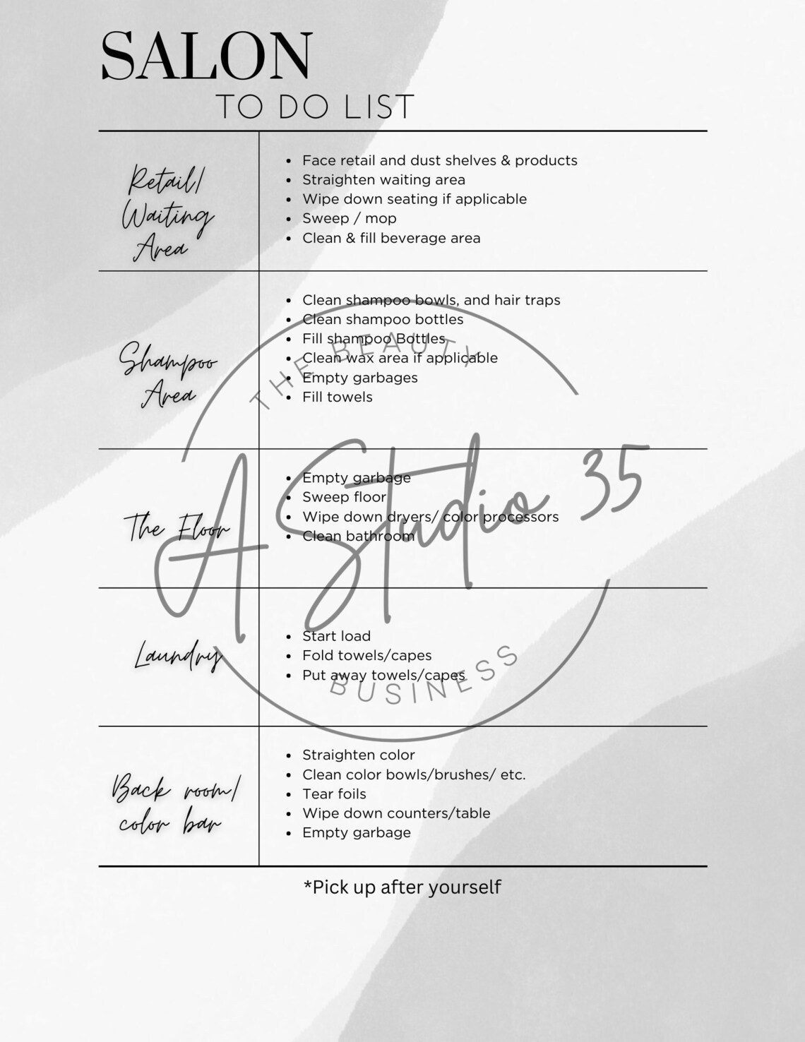 Salon to Do List, Salon Cleaning List, Salon End of Day Closing List ...