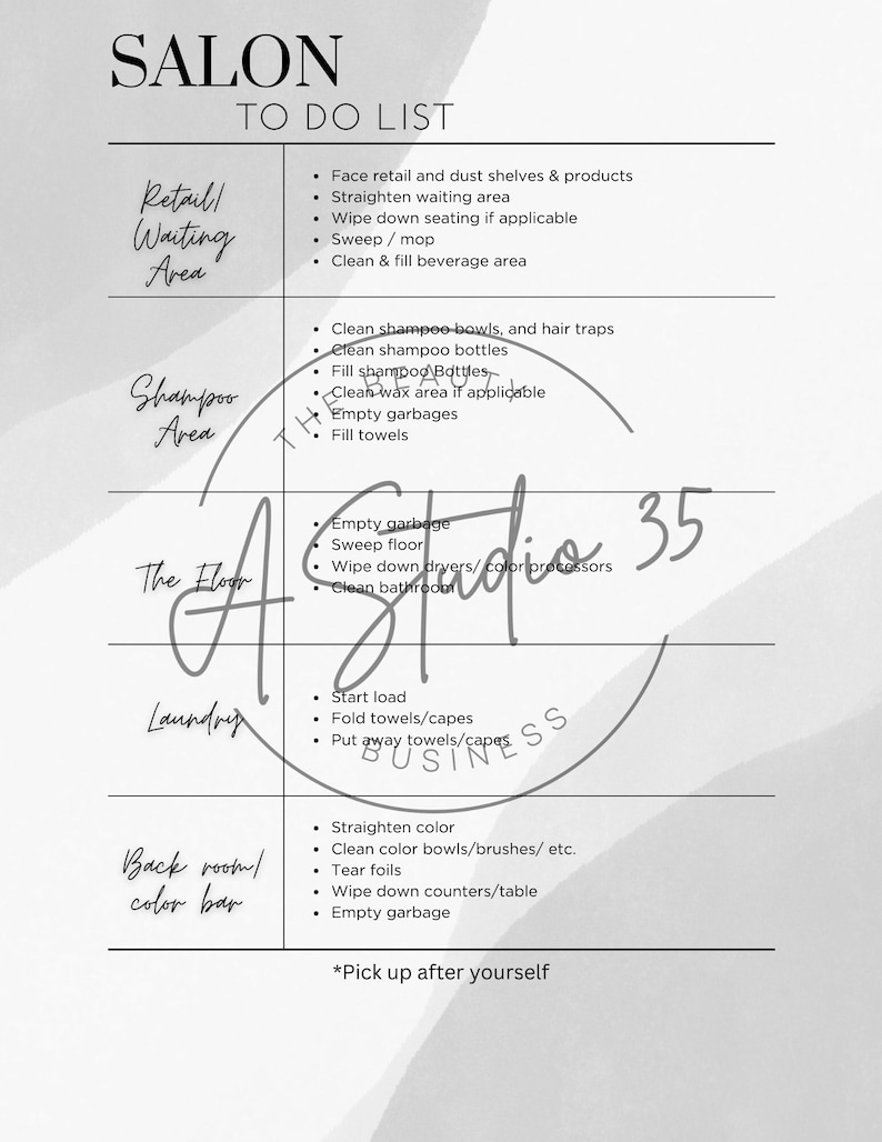 Salon to Do List, Salon Cleaning List, Salon End of Day Closing List ...