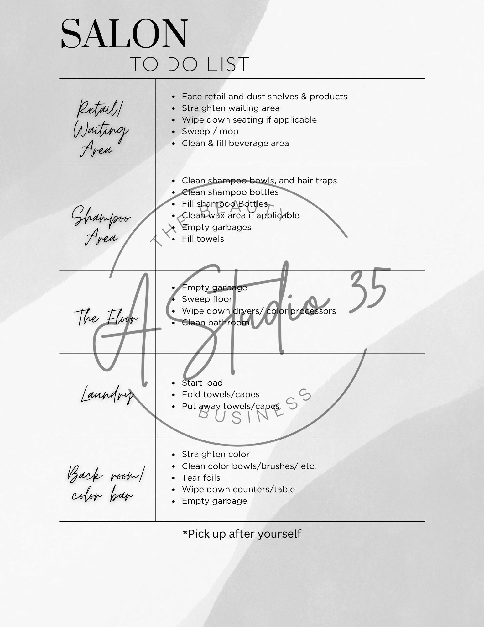 Salon to Do List, Salon Cleaning List, Salon End of Day Closing List ...