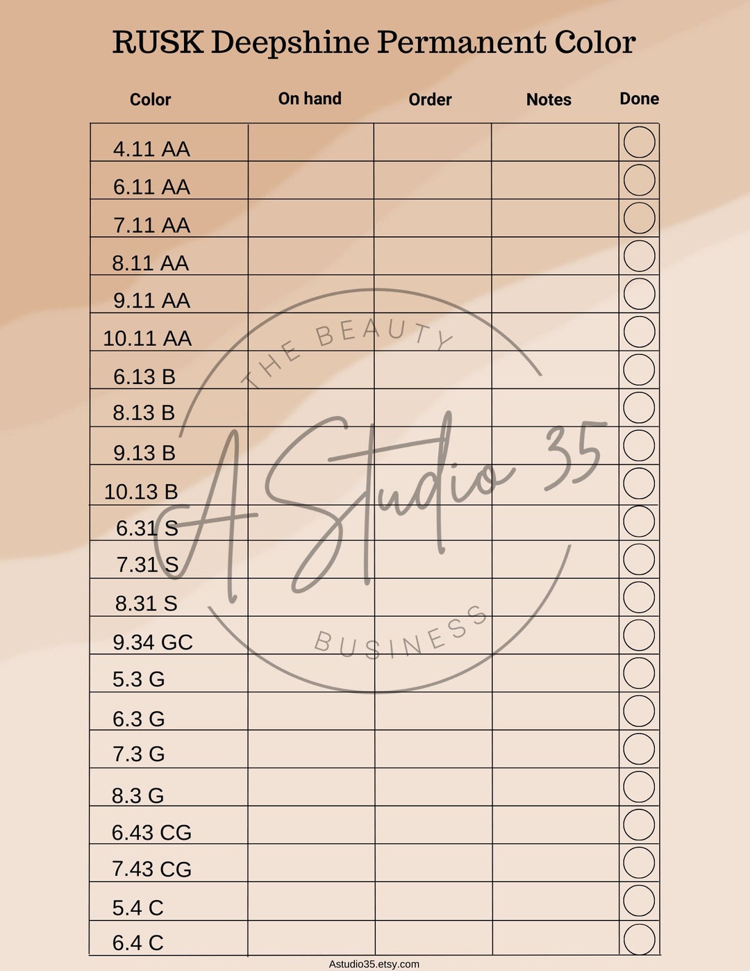 Rusk Deepshine Permanent Color Inventory Sheets, Printable, Salon Hair ...