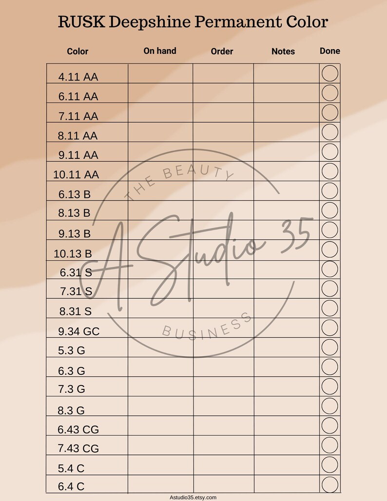 Rusk Deepshine Permanent Color Inventory Sheets, Printable, Salon Hair ...